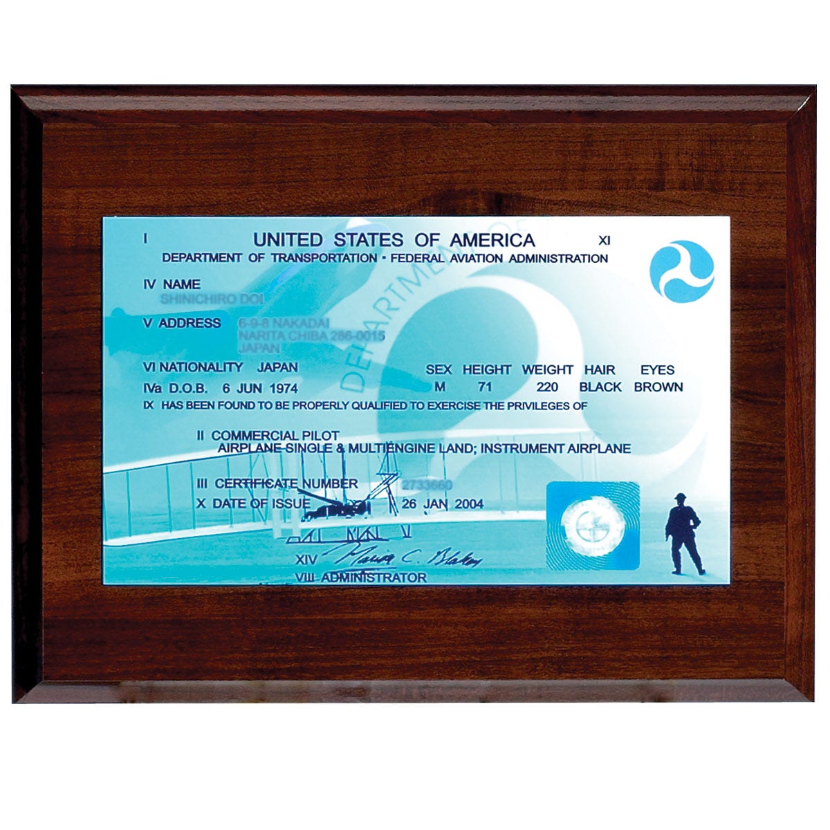 Classic Single-Sided Pilot License Plaque - from Sporty's Pilot Shop Classic Single-Sided Pilot License Plaque - from Sporty's Pilot Shop